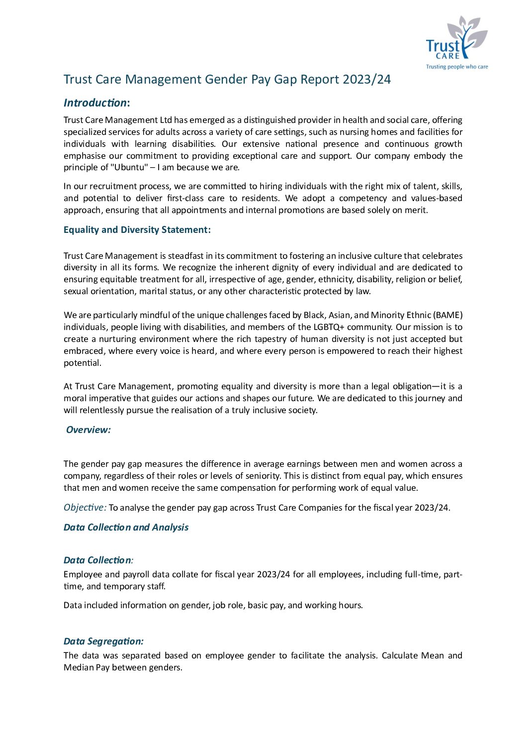 Gender Pay Gap Report 2023/24 - Trust Care - Trusting People Who Care